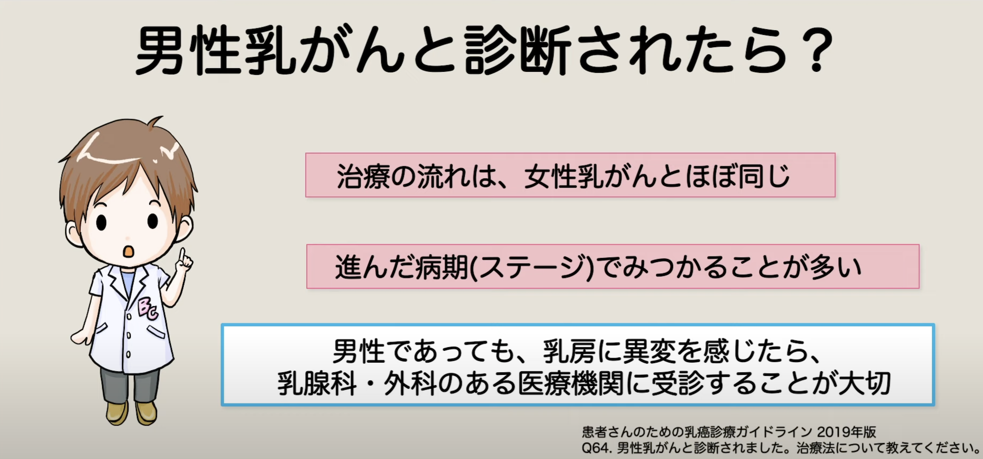 » 【男性乳がん】男性の乳房にしこりができたらどうする？【女性化乳房・男性乳癌を解説】｜乳がん大事典｜一般社団法人BC TUBE｜複数人の乳腺科医による制作・監修